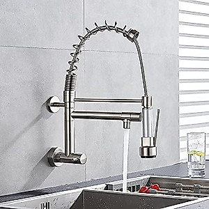 Kitchen Sink Faucet for Bar Farmhouse Commercial, Black/Chrome Brass Kitchen Faucet, Vessel Sink Mixer Tap, Spring Dual Swivel Spouts Sink Mixer, Bathroom Faucets, Wall Mounted Tap (Color : Brushed N