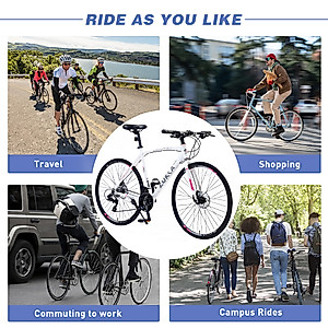 24 Speed Hybrid Bike Disc Brake 700C Road Bike for Men Women's City Bicycle (White)