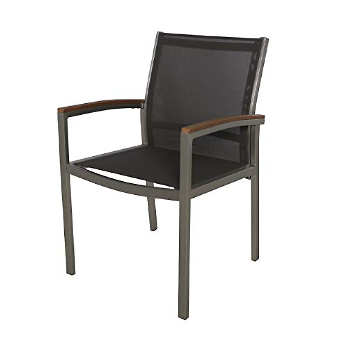 Emma Patio Dining Chairs - Aluminum - Outdoor Mesh Seats - Faux Wood Arms - Set of 2 - Silver with Gray and Natural Finish