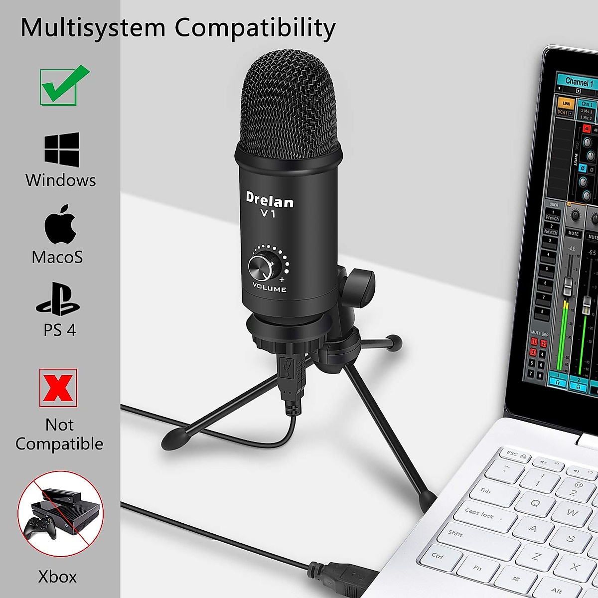 Drelan USB Microphone, Condenser Desktop Computer Mic 192KHZ/24BIT Plug & Play with Professional Sound Chipset, for PC Voice Recording,Podcasting,Skype,YouTube,Games,Google Voice Search (V-1)