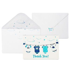 All Ewired Up 50 Boxed Set Clothesline Onesie Boy Thank You Cards for Baby Shower with Designed Envelope and Matching Seals