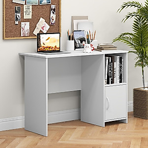 GOFLAME Modern Computer Desk with Cabinet, Writing Study Desk with Cable Holes & Open Shelf, Laptop PC Desk with Storage, Compact Computer Workstation for Home Office, White