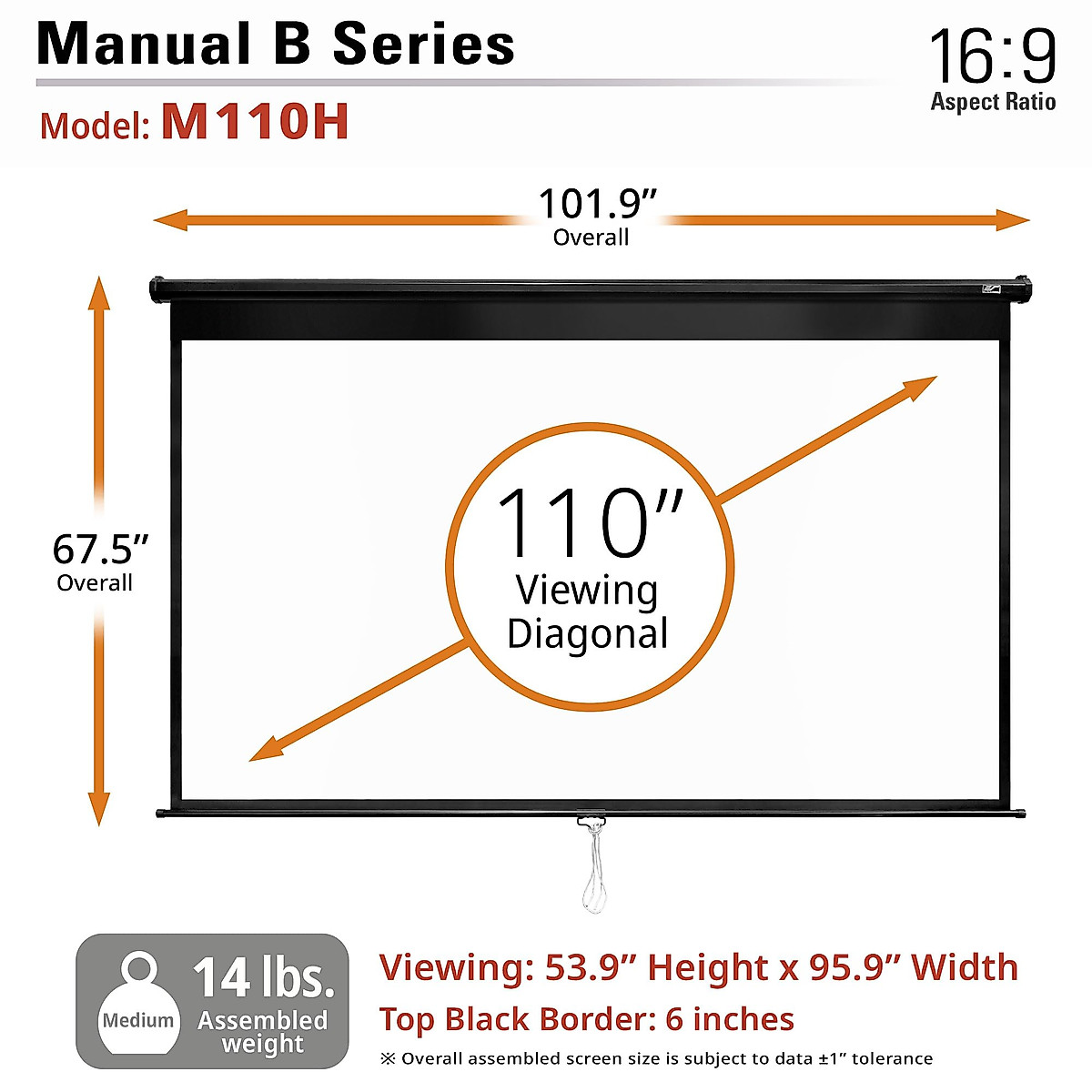 Elite Screens Manual B 110-INCH Manual Pull Down Projector Screen 4K 8K 3D Ultra HDR HD Ready Home Theater Movie Gaming Presentation Screen, M110H