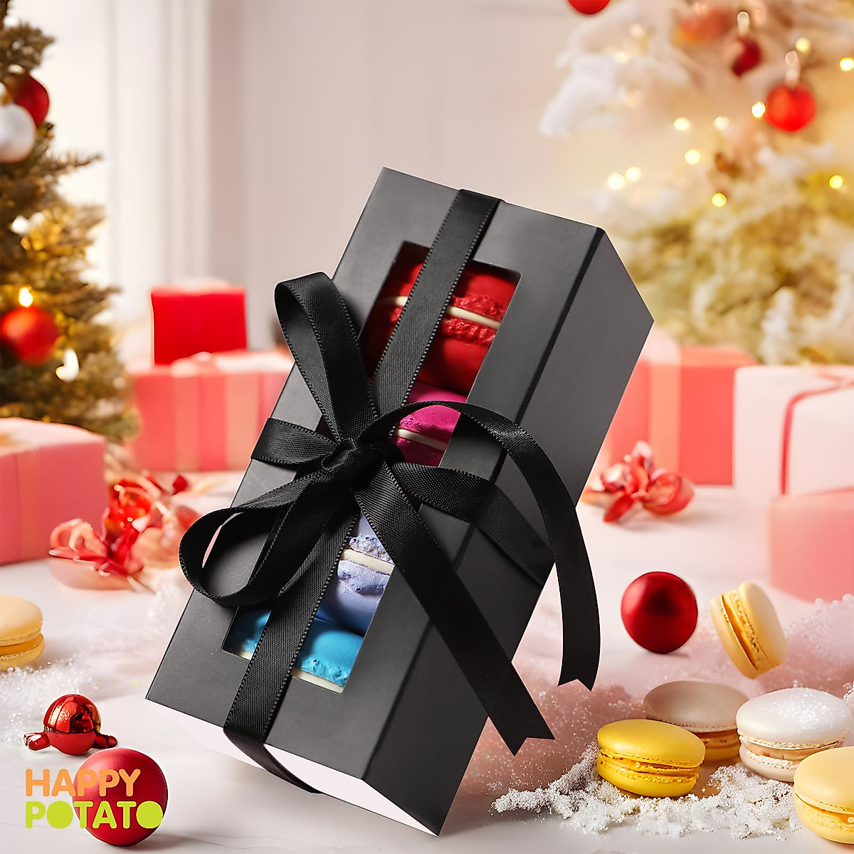 HAPPY POTATO 30 Pack Macaron Boxes for 4 or 5, 4×1.9×1.9 Inches, Macaron Packaging Boxes, Black Macaron Boxes with Clear Window, Macaron Container Packaging Boxes with Ribbon