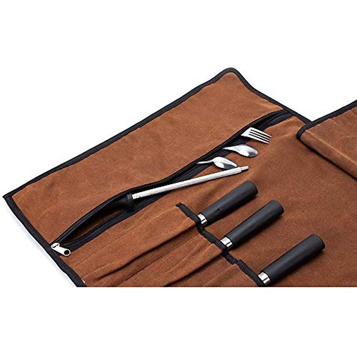 Chef’s Knife Roll, 5 Pockets Knife Bag,Waxed Canvas Roll Up Culinary Bag,Professional Cutlery Storage Case, Portable Knife Tool Roll Bag, Multi-Purpose Knife Cover For Cooking, Camping (Brown)