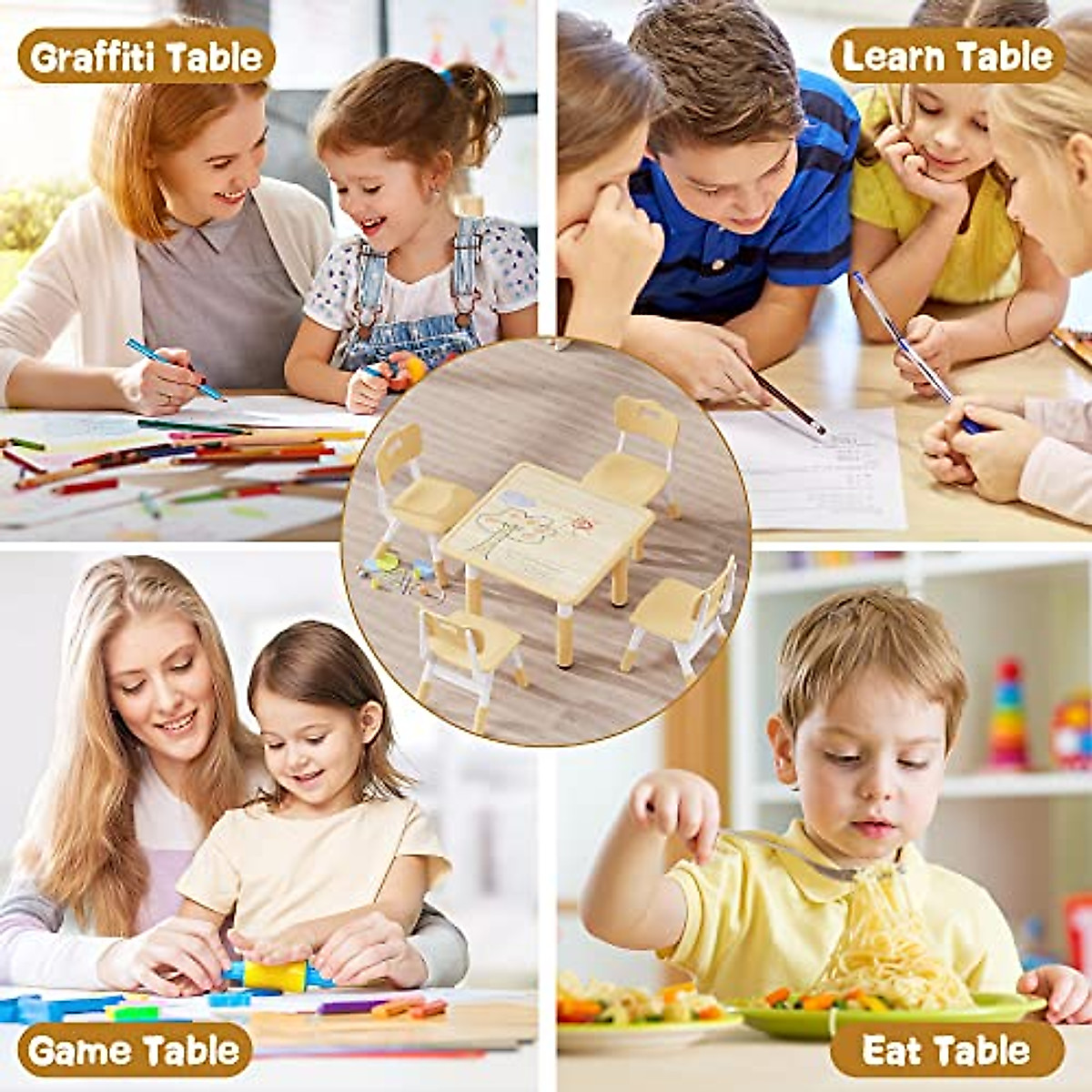 Brelley Kids Table and 4 Chairs Set, Height Adjustable Toddler Table and Chair Set, Graffiti Desktop, Classroom/Daycare/Home, Children Multi-Activity Table for Ages 2-10