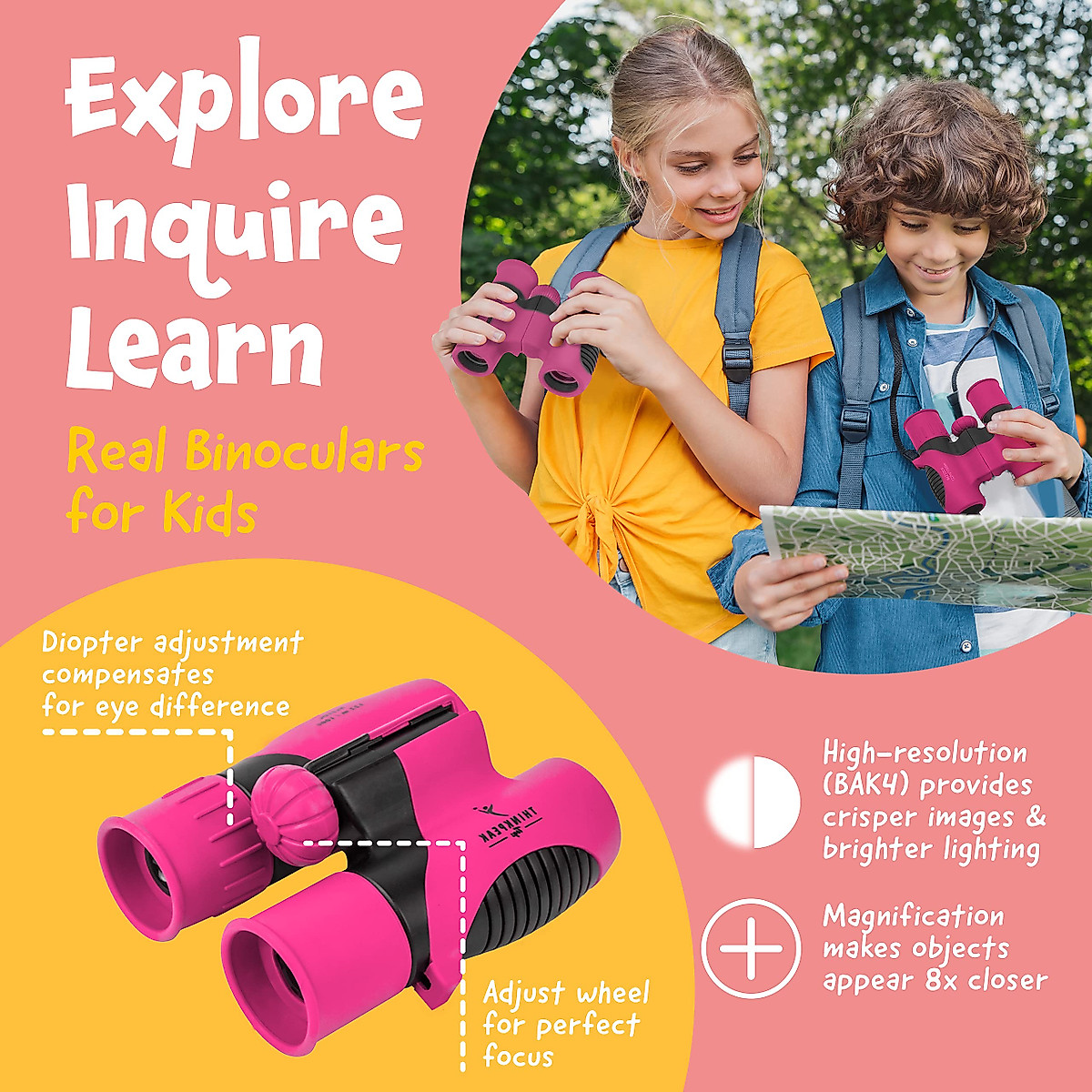 Think Peak - Binoculars for Kids Ages 4-8 - Outdoor Sports - Educational Adventure - 8x21 Compact - Nature Exploration Bird Watching - Pink