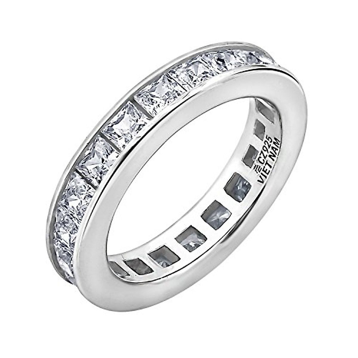 Amazon Essentials Platinum-Plated Sterling Silver Infinite Elements Cubic Zirconia Channel Princess-Cut All-Around Band Ring, Size 8 (previously Amazon Collection)