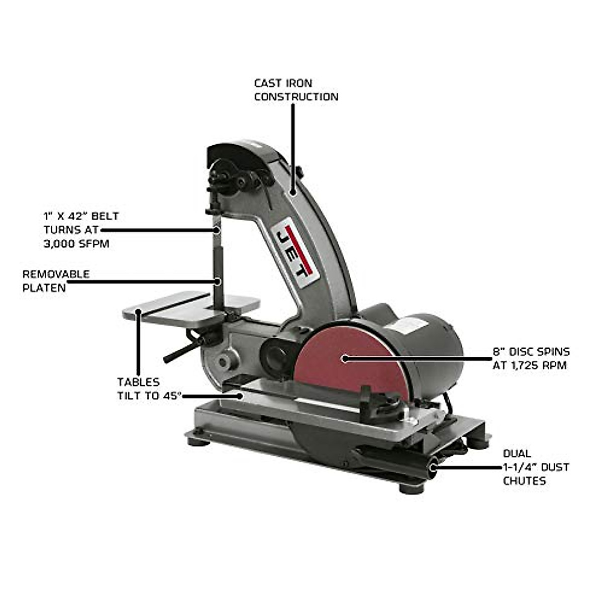 JET J-4002, 1" x 42" Belt and 8" Disc Sander, 1/3HP, 1Ph 115V (577003)