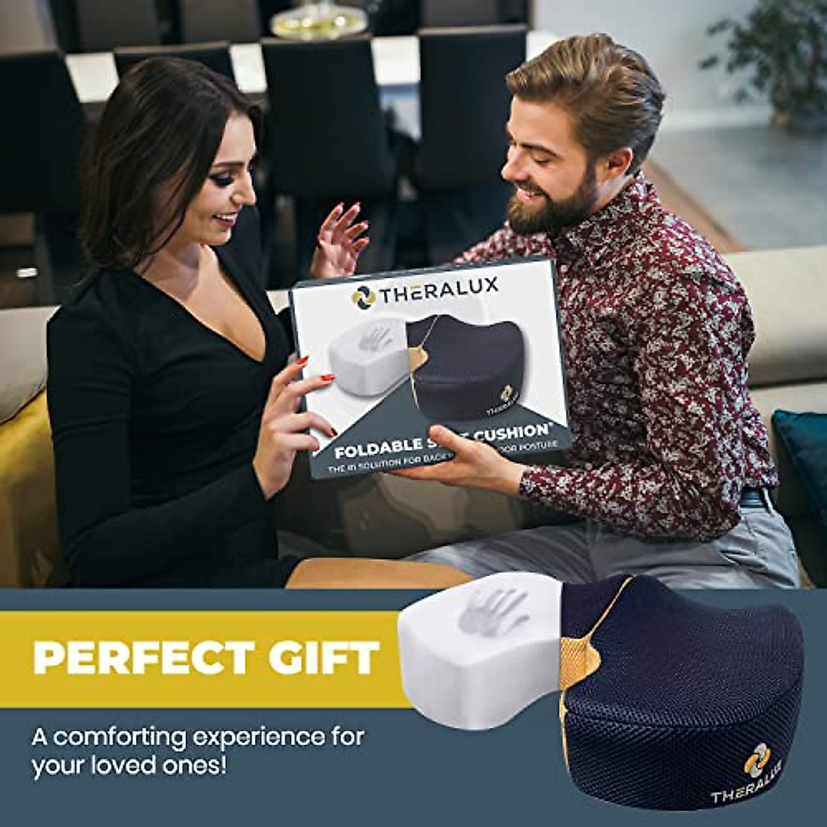 THERALUX Sciatica Pillow for Sitting Pain Relief - Memory Foam Car Seat Cushion for Office Desk Chair - Butt and Lower Back Support