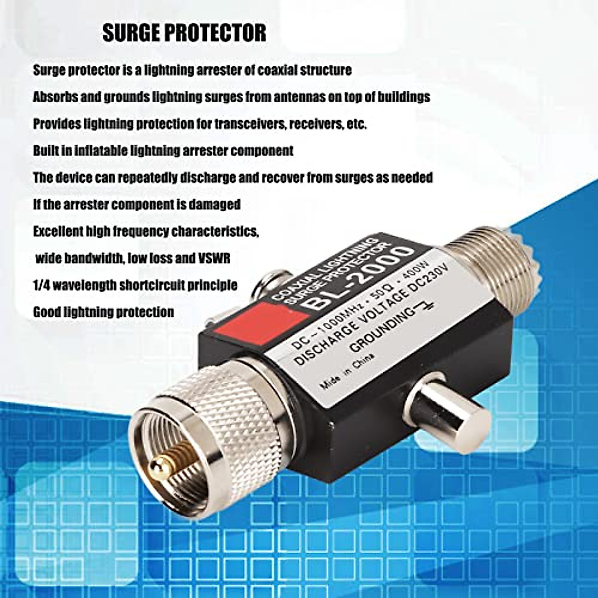 ASHATA Lightning Surge Protector,PL259 Female to PL259 Male Lightning Arrestor Surge Protector Coaxial Arrester for Building Antenna,400W DC~1000MHz 50 Ohm