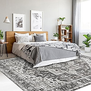 Zacoo 9x12 Rug for Living Room Washable Rugs Rug for Bedroom Vintage Rug Non Slip Carpet Tribal Throw Rugs Large Area Rug Stain Resistant Office Rug Classroom Rug 9'x12' Grey