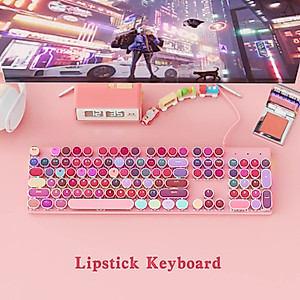 HUO JI Mechanical Gaming Keyboard Typewriter Style with RGB Side Lit and Rainbow Backlit, Retro Style, Blue Switches - Clicky, Metal Panel, Lipstick 104 Keys USB Wired for Mac, PC, Cute Pink