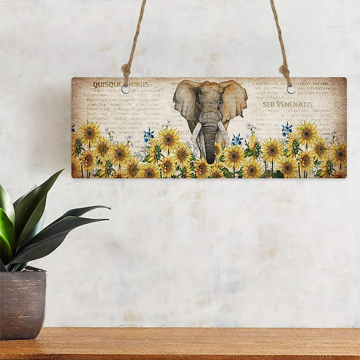Wooden Signs 11" x 4", Retro Sunflower Sign Home Decor Wood Plaque Hanging Wall Art, Decorative Door Garden Sign with Rope, Wild Anima Elephant with Blooming Sunflowers