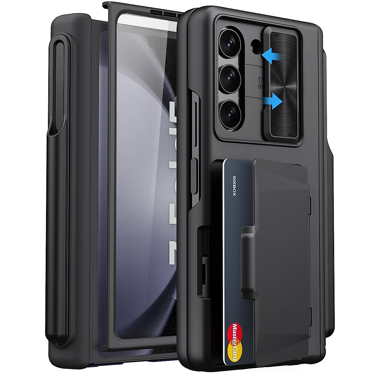 SIXBOX for Samsung Galaxy Z Fold 5 Case with Card Holder & S Pen Holder & Slide Lens Cover, Built-in Hinge Protection & Screen Protector, Durable Sturdy Phone Cover Case for Galaxy Z Fold 5, Black