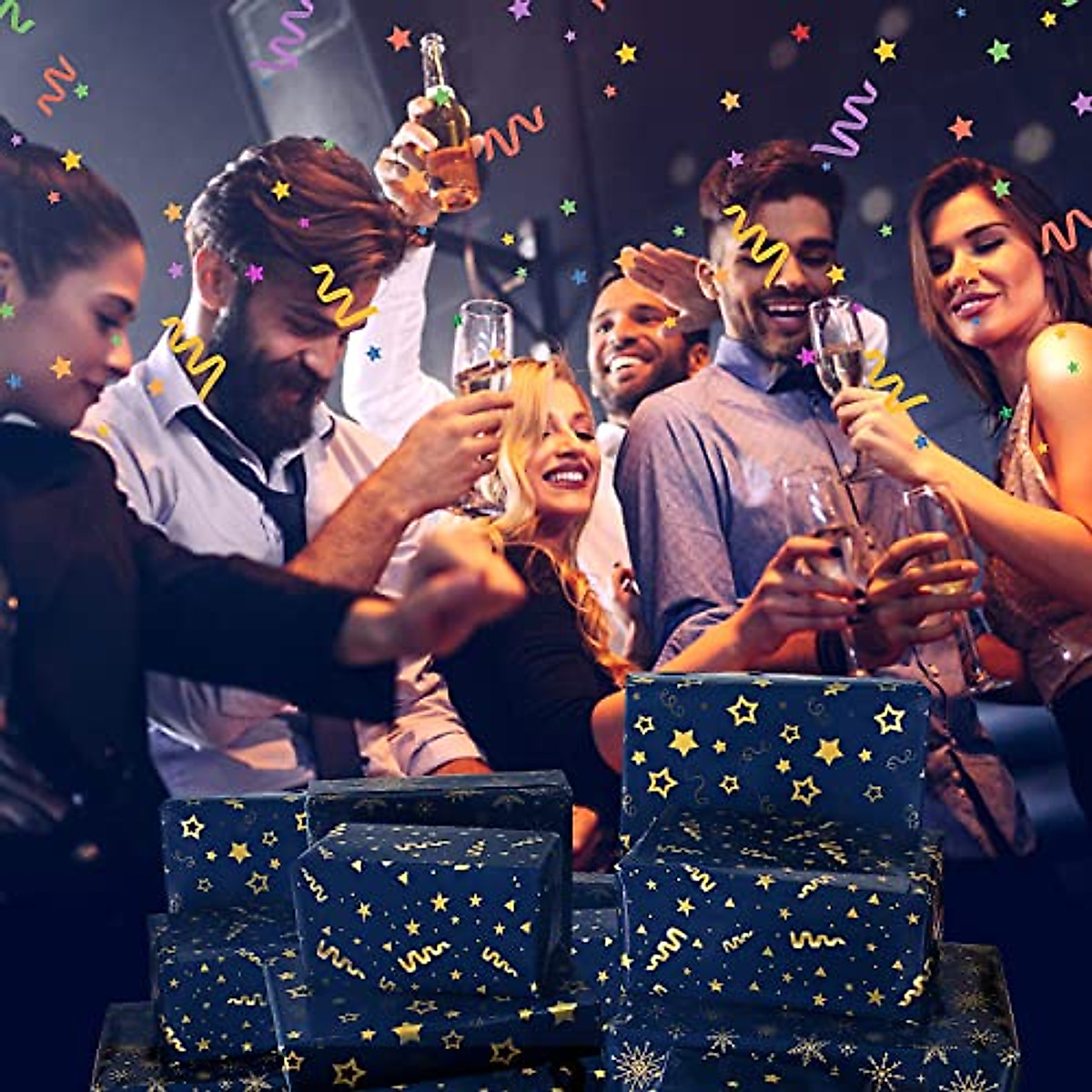 Wrapping Paper Flat Sheets - Birthday Wrapping Paper Set with Sticker Ribbon - Gift Wrapping Paper with Dark Blue and Gold Stripes Star Design - Navy Blue Wrapping Paper for Men Boy - Birthday Gift Wrap for Christmas, Hanukkah, Birthday, Graduation, Fathe