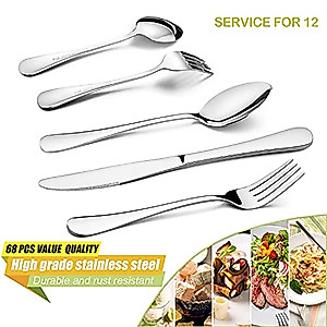 HaWare 68 Pieces Silverware Set with Serving Set, Stainless Steel Modern Flatware Eating Utensils Set, Includes Forks/Spoons/Dinner Knives, Service for 12, Mirror Polished, Dishwasher Safe