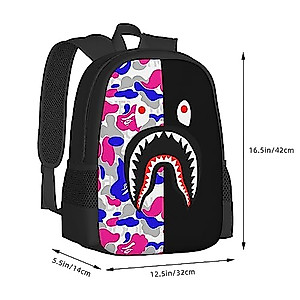 AIRPO Fashion Shark Backpacks Bright Navy Pink Camouflage Large Capacity Laptop Daypack Lightweight Backpack Travel Hiking Bag For Women Men