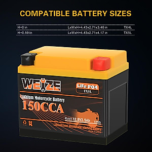 Weize Lithium YTX5L-BS Battery, Group 5, 150CCA Lithium LiFePO4 YTX4L-BS Motorcycle Battery, 12V 2.5Ah ATV, UTV, Jet Ski, 4 Wheeler, Quad, Riding Lawn Mower, Tractor, Scooter and Polaris Battery