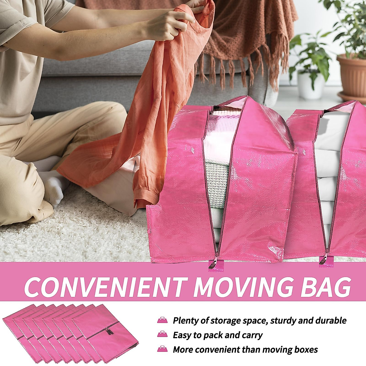 Moving Bags 8PCS Extra Large with Carrying Handles Backpack Straps, Heavy Duty Moving Bags for Space Saving Packing, Storage Totes of College Essentials Moving Supplies (Pink)