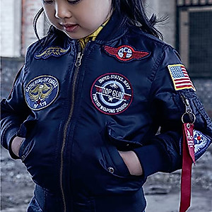 Norman Dragon Patch Embroidered Nylon MA-1 Baby Kids Bomber Flight Jacket Winter Padded Thick Coat for Boys Girls (Navy, 10) (FLJ-0008)