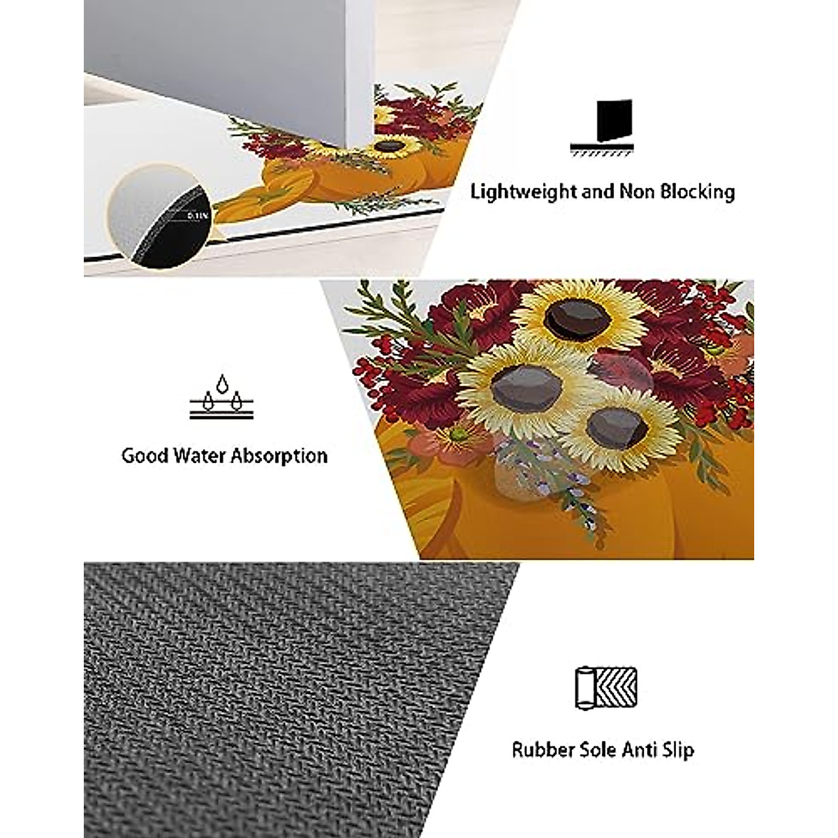 KITHOME Bath Mat for Bathroom Non Slip Thanksgiving Pumpkin Sunflowers Diatomaceous Earth Bath Mats Highly Absorbent Door Mat Diatom Mud Washable Bathroom Mat for Tub Shower 16x24 Inch