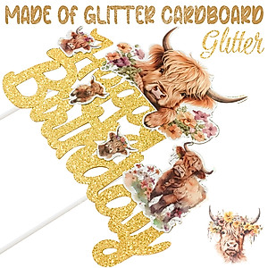 Highland Cow Birthday Cake Topper Gold Glitter Highland Cow Birthday Party Decorations Brown Cow Cake Topper Highland Cow Birthday Cake Decorations for Western Highland Cow Baby Shower Supplies