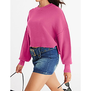 MEROKEETY Oversized Cropped Sweaters for Women Fall 2025 Trendy Crewneck Batwing Sleeve Knit Tops Side Slit Pullover Sweater Jumper HotPink Small