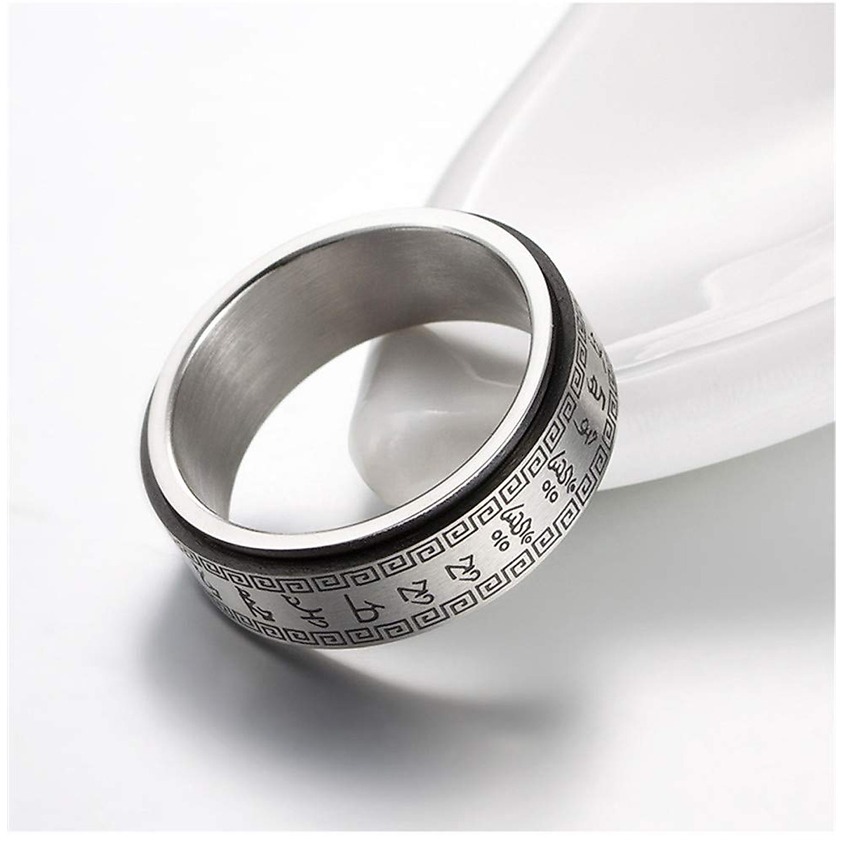 PAURO Men's Women's Stainless Steel Buddhist Healing Healing Mantras Lucky Rotatable Ring Black Size 11