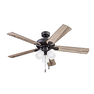 Portage Bay Ceiling Stannor 52" Bronze Indoor Fan with Frosted 3 Light LED Multi Arm E26/A15 Bulb and Pull-Chains, Traditional Style, 5 Reversible Barnwood/Northern Ebony Blades, 51434