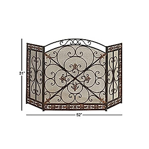 Deco 79 Metal Scroll Fireplace Screen Foldable Arched 3 Panel with Fleur De Lis Accents, 52" x 1" x 31", Black