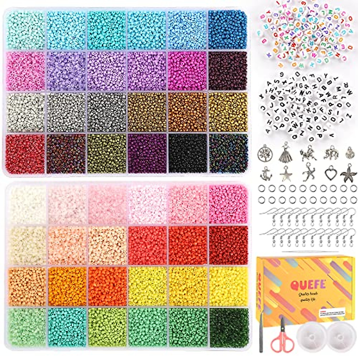 QUEFE 40000pcs 2mm Glass Seed Beads for Jewelry Making Kit, 440pcs Letter Beads 100pcs Smiley Face Beads & 100pcs Evil Eye Beads for Bracelets Necklace Ring Making DIY Art Craft Gifts