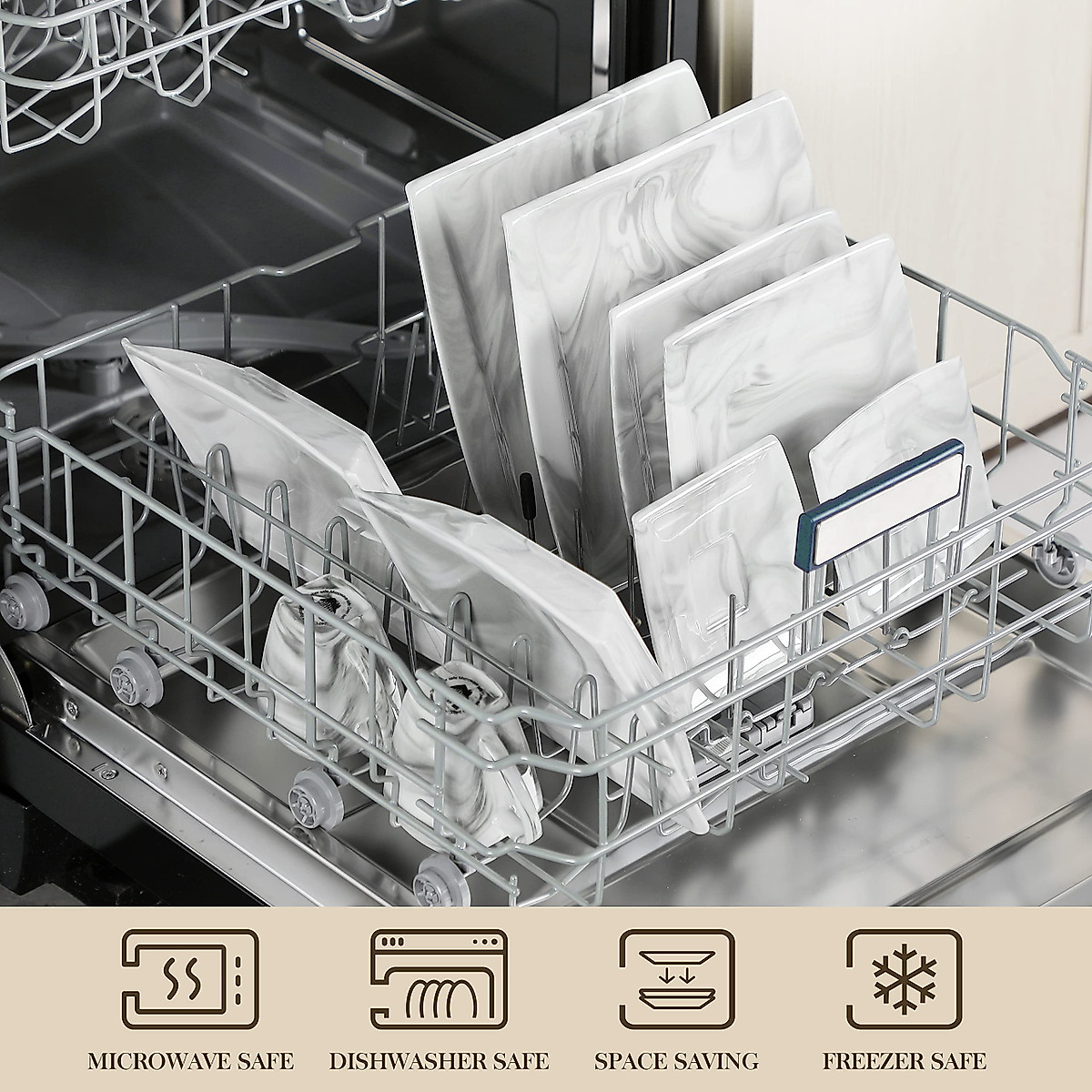 MALACASA Dinnerware Sets, 30 Piece Porcelain Plates and Bowls Sets for 6, Square Dish Set with Dinner Plates Set, Cup and Saucer, Modern Dishware Dishes Microwave Safe, Marble Grey, Series Blance