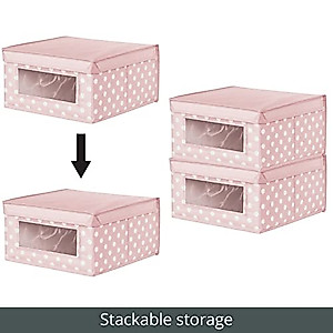 mDesign Medium Soft Stackable Fabric Baby Nursery Storage Organizer Holder Bin Box with Front Window and Lid for Child/Kids Bedroom, Playroom, Classroom - Light Pink/White Polka Dot