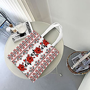 VACSAX Canvas Tote Bag for Women Reusable Shopping Bags Ukrainian Embroidery Style Rose Print Shoulder Handbag Aesthetic Totes for Grocery