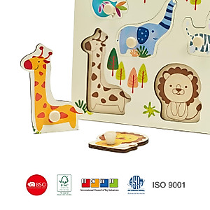 Classic World Zoo Puzzle 7 Pieces Wooden Pegged Animal Toy for Baby Toddler Early Learning Education