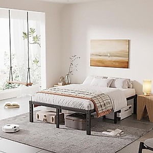 Cleaniago California King Bed Frame, 3" Wide Wood Slats with 3500lbs Support for Mattress, No Sagging, No Slip, No Box Spring Needed, Noise Free, Anti-Slip, Easy Assembly, Black-16 Inch Tall