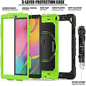 Herize SM-T510 Galaxy Tab A 10.1 Inch Case with Strap, Shockproof Rugged Case with Built-in Kickstand, 3 Layers Heavy Duty Protection, Green