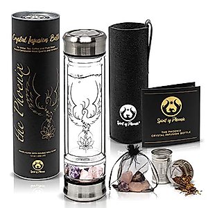 Phoenix Crystal Water bottle, a Loose Leaf Tea Infuser Bottle, double wall glass for hot and cold drinks. Large Rose Quartz Crystal and Amethyst Stone. Eco-friendly & relaxing gifts for women