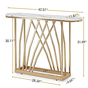 Tribesigns Gold Console Table, 43" Modern White Sofa Couch Table with Faux Marble, Oval Wooden Hallway Foyer Table, Narrow Entryway Table with Metal Frame for Living Room Bedroom Entrance