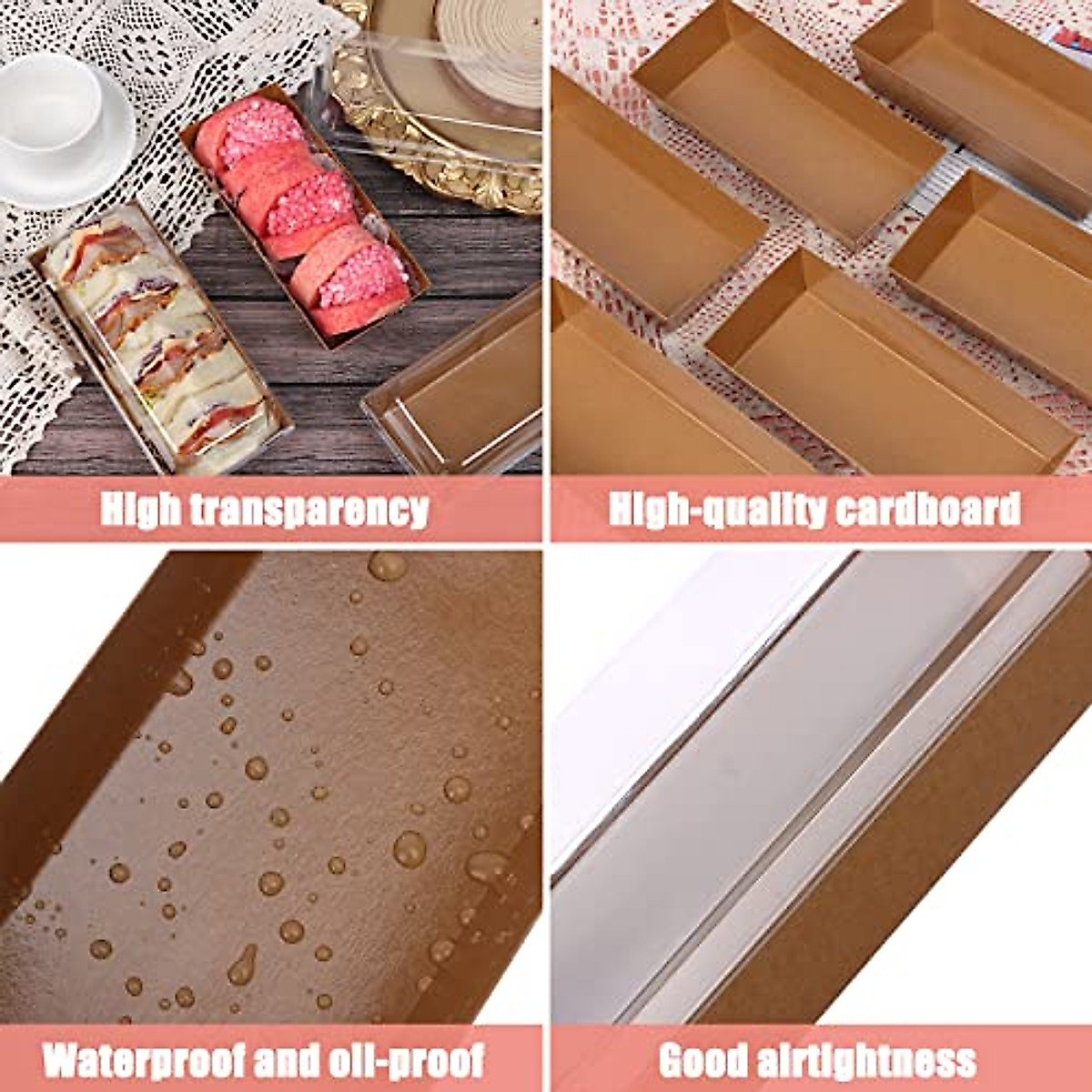 60 Sets Roll Cake Box with Lid Swiss Roll Containers Sushi Box Sandwich Craft Paper Box Plastic Charcuterie Takeout Box for Muffin Pastry Hot Dog Sandwich Cupcakes with 60 Seal Stickers (Rectangle)