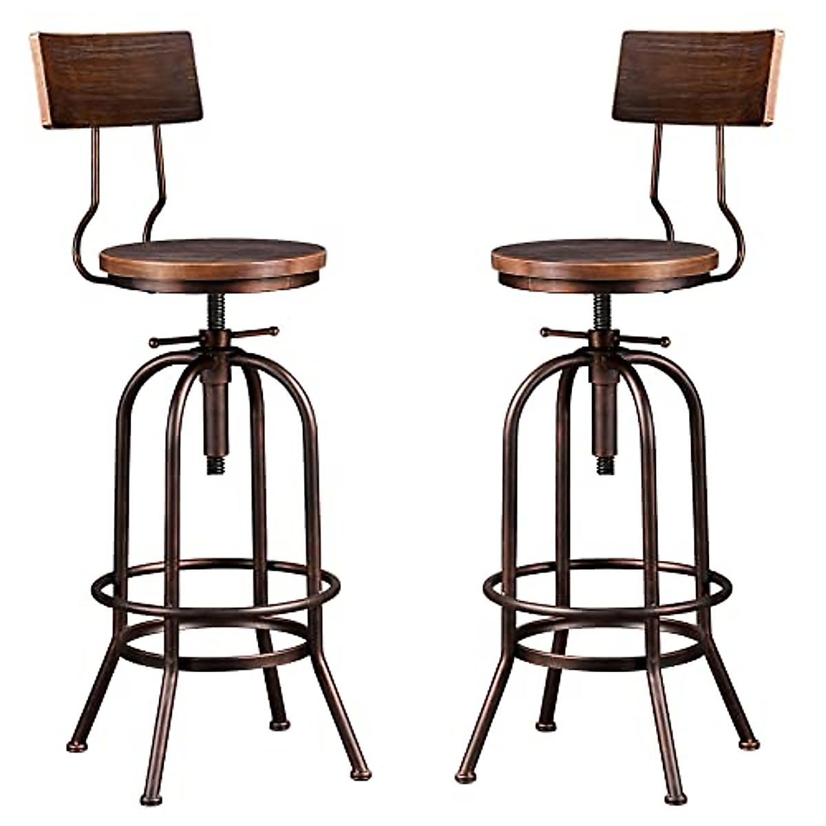 LOKKHAN Industrial Bar Stool-Adjustable Swivel Round Wood Metal Kitchen Stool-26-32.3 Inch Rustic Farmhouse-Counter Height Extra Tall Bar Height Stool,Arc-Shaped Backrest,Welded,Set of 2