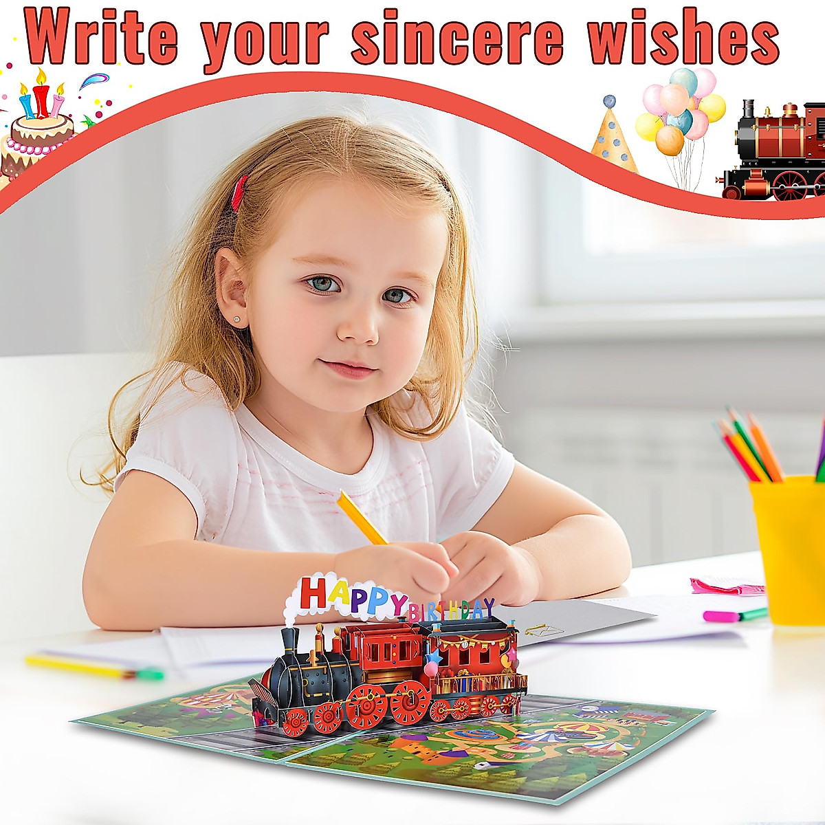 GREETING ART Happy Birthday Train Pop Up Card,3D Greeting Card for Birthday, Pop Up Birthday Card for Kids Boys Men Grandson Friends Daughter Son (Train Birthday Card)