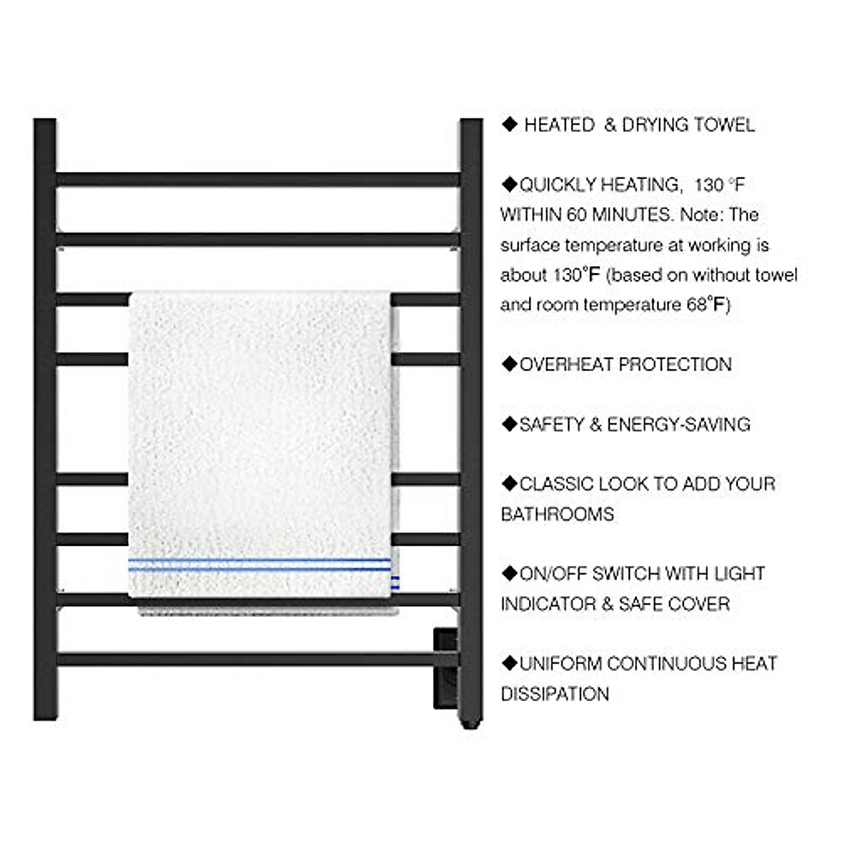 HEATGENE Towel Warmer, Heated Towel Warmer Rack, Wall-Mounted Hardwired/Plug-in Electric Towel Warmers for Bathroom, Hot Towel Rails - Matte Black