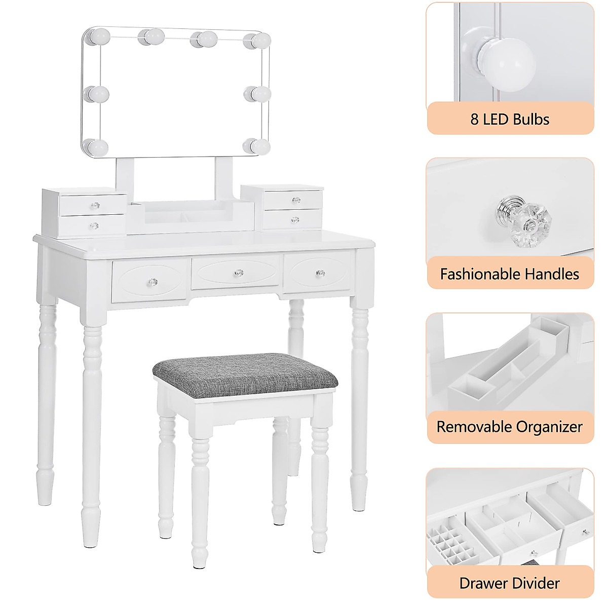 ANWBROAD Makeup Vanity Desk Vanity Set with Lighted Mirror Makeup Vanity Desk Table Set Large 8 LED Bulbs Frameless Mirror 3 Colors Modes Dimming 7 Drawers Cushioned Stool 3 Dividers White UBDT03W