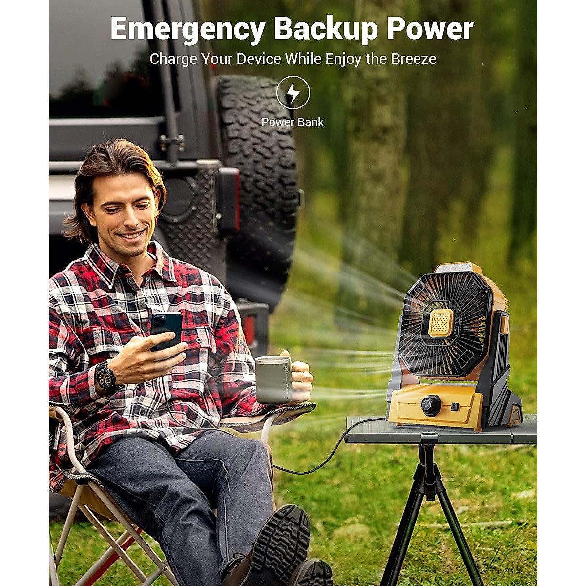 KopBeau Portable Camping Fan with Lights, 20000mAh Rechargeable Battery Operated Fan, Battery Powered Outdoor Beach Tent Fan with 3 Speeds & Hook, Personal USB Table Fan for Camping Accessories