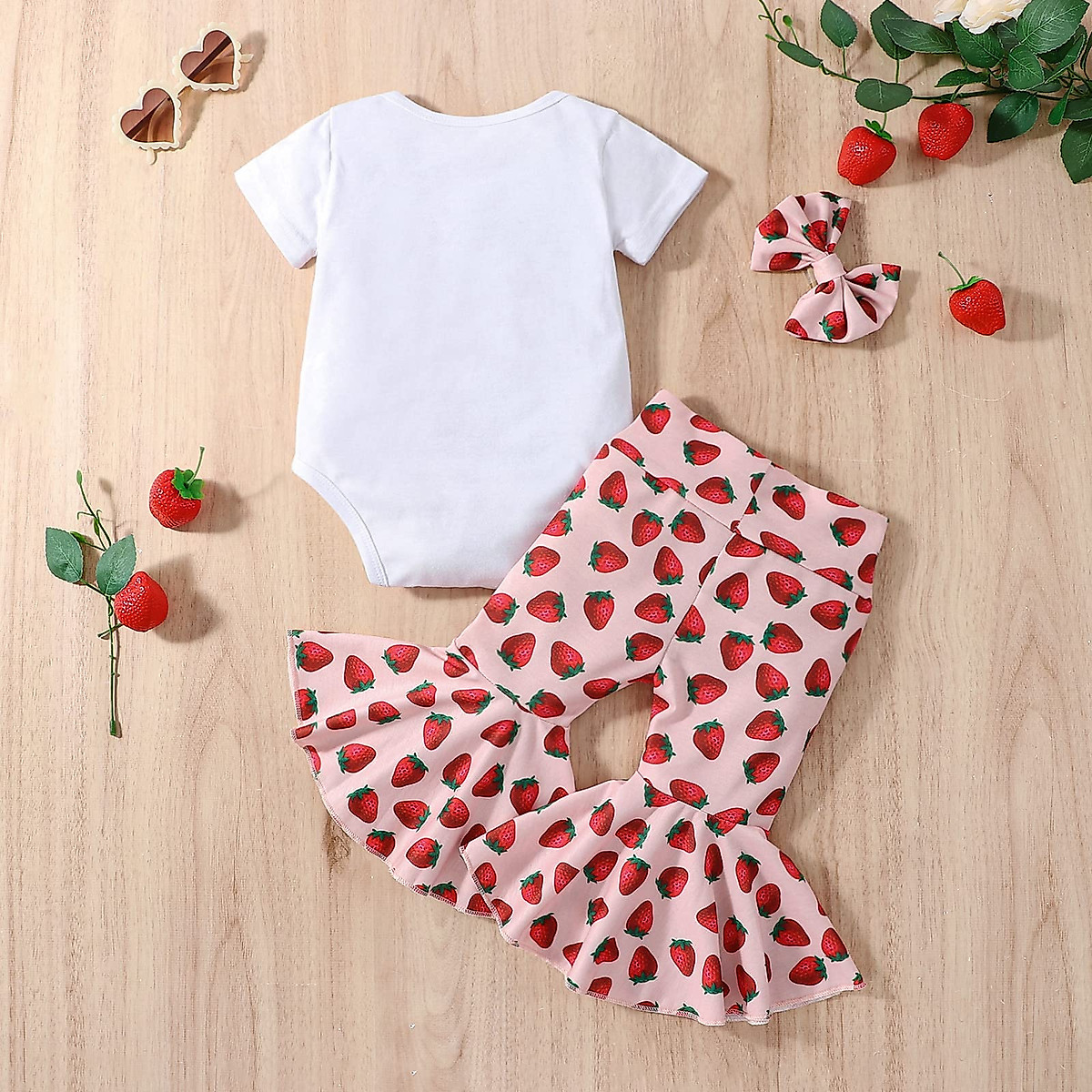 Baby Girl First Birthday Outfit Sweet One Fruit Short Sleeve Romper Top Flare Pants Headband 3Pcs Cake Smash Clothes (Strawberry, 12-18 Months)