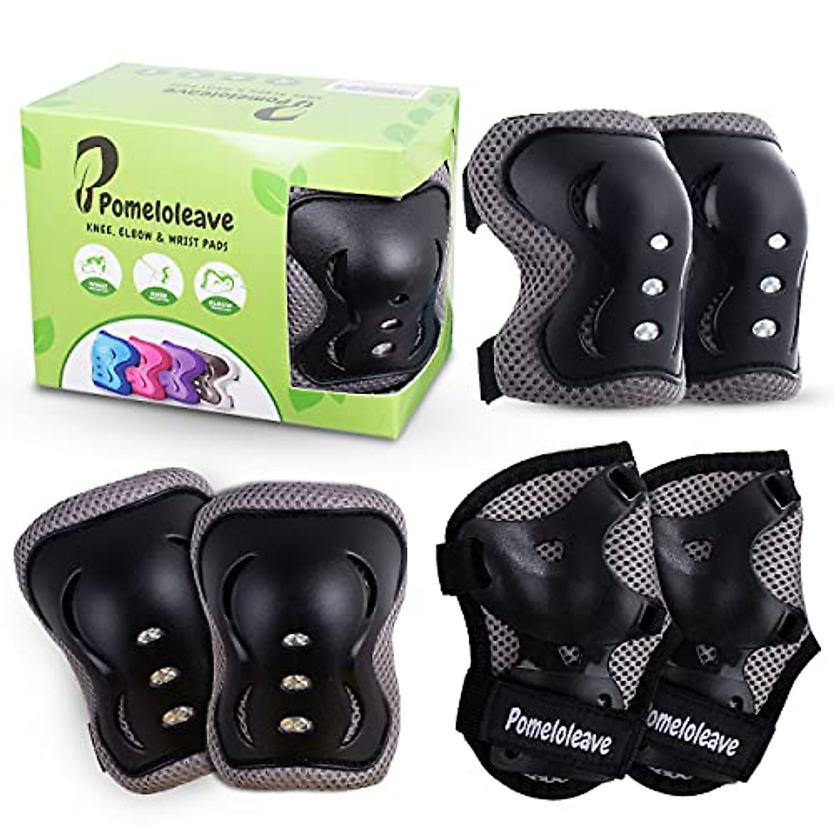 Knee Pads for Kids – POMELOLEAVE Knee and Elbow Pads for Kids and Teen Protective Gear 6 in 1 Set for Inline Skating, Rollerblades, Skateboard, Dirt Bike, Longboarding – Medium (9-12 Age), Black