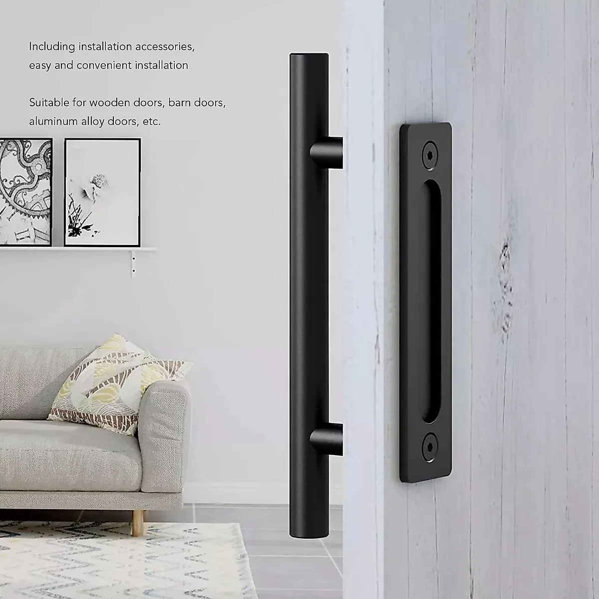 Sliding Barn Door Handle, Carbon Steel Sliding Glass Door Pull Handle Black Barn Door Handle and Flush Finger Pull with Lock Hook Latch Sets for Barn Doors, Cabinet, Garages, Wardrobes