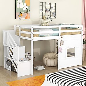 Bellemave Twin Size Low Loft Bed for Kids,Twin Loft Bed with Storage Staircase and Window,Wooden Bed Frame for Teens, Boys, Girls(White)